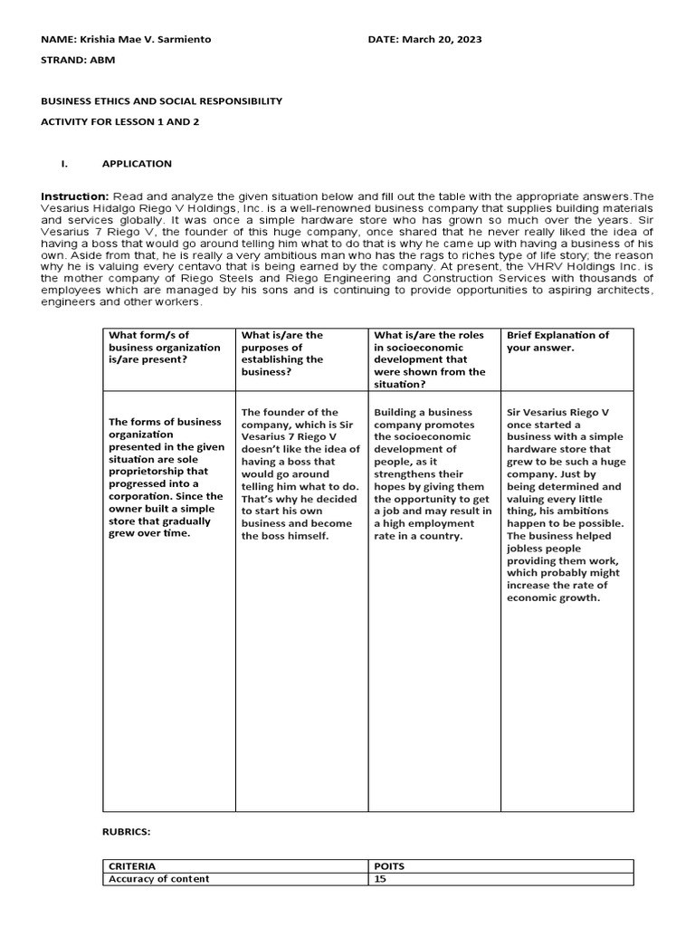 Bus. Ethics Actitivity For Lesson 1 and 2 | PDF | Business | Economies