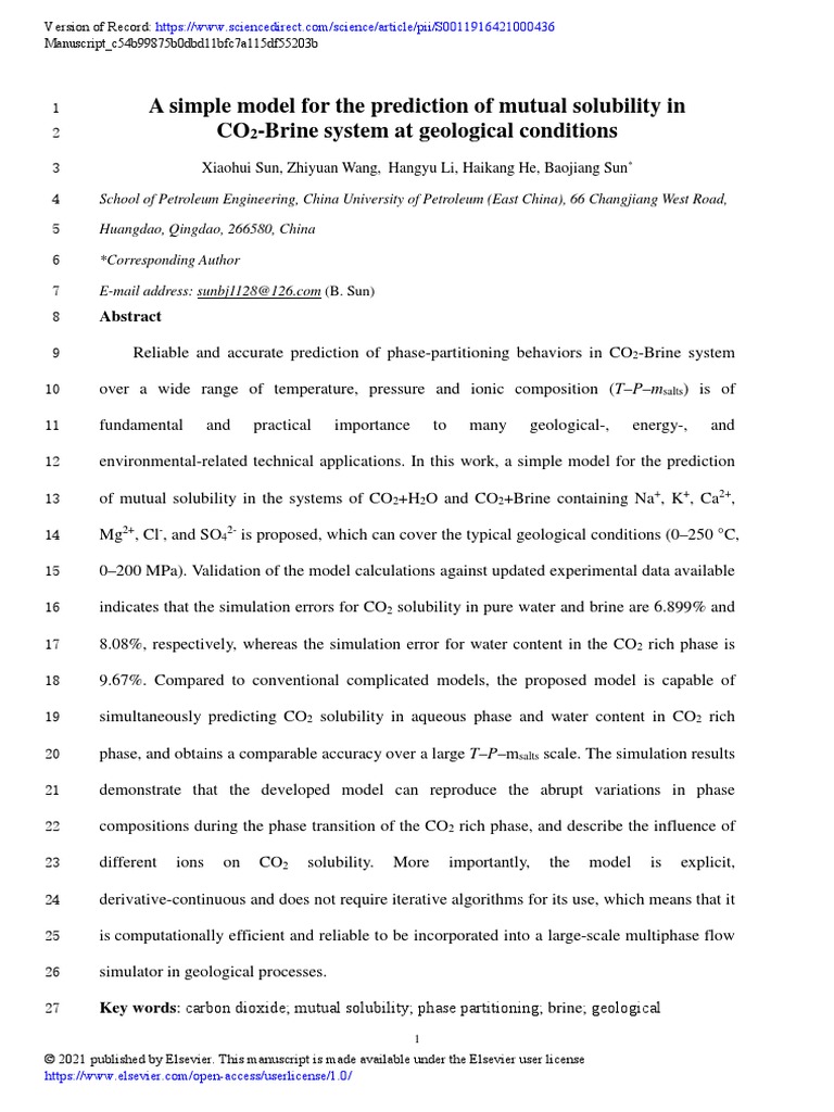 A Simple Model For The Prediction of Mutual Solubility in CO2-brine ...