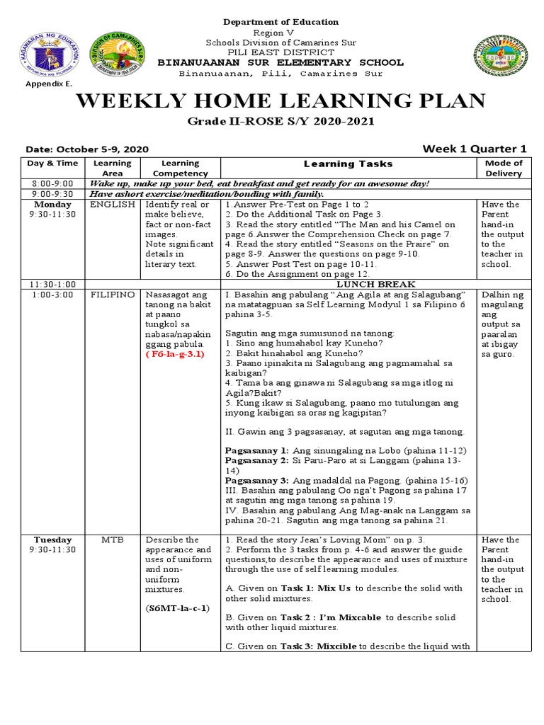Updated WEEKLY HOME LEARNING PLAN Gr.6 | PDF | Cognition