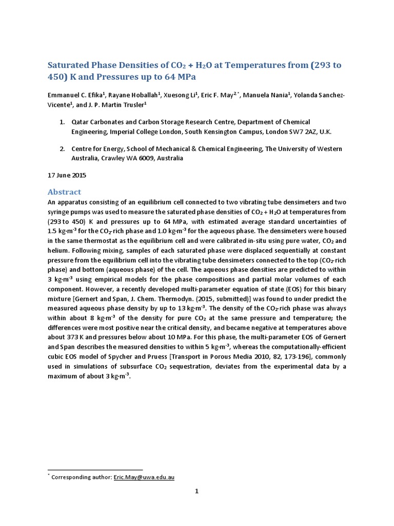 Saturated Phase Densities of CO2+water - Imperial College - Efika Et Al ...
