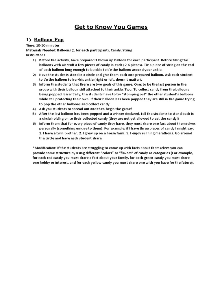 Get To Know You Games | PDF | Balloon