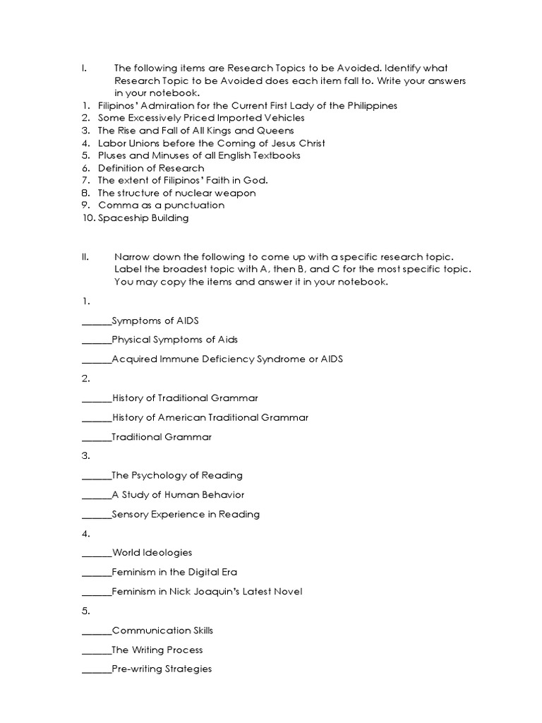 Topics To Be Avoided Activity Narrowing Topics | PDF