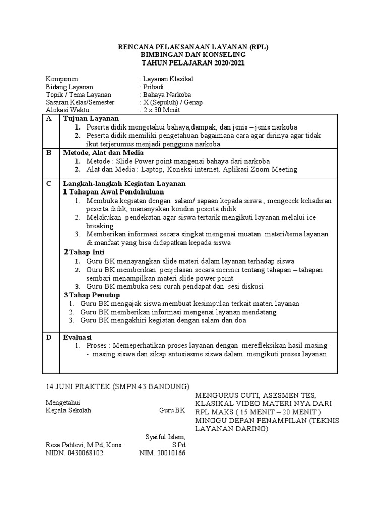 Rencana Pelaksanaan Layanan BK | PDF