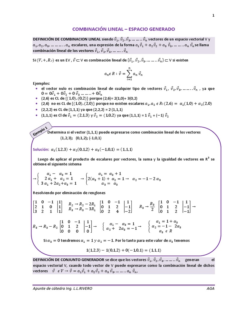 Combinación Lineal y Espacios Vectoriales | PDF | Espacio vectorial | Matriz (Matemáticas)