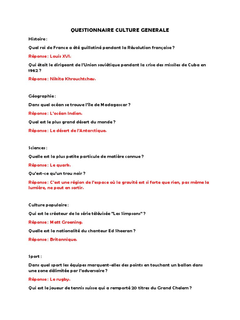 Questionnaire de Culture Générale 2023 | PDF | Football