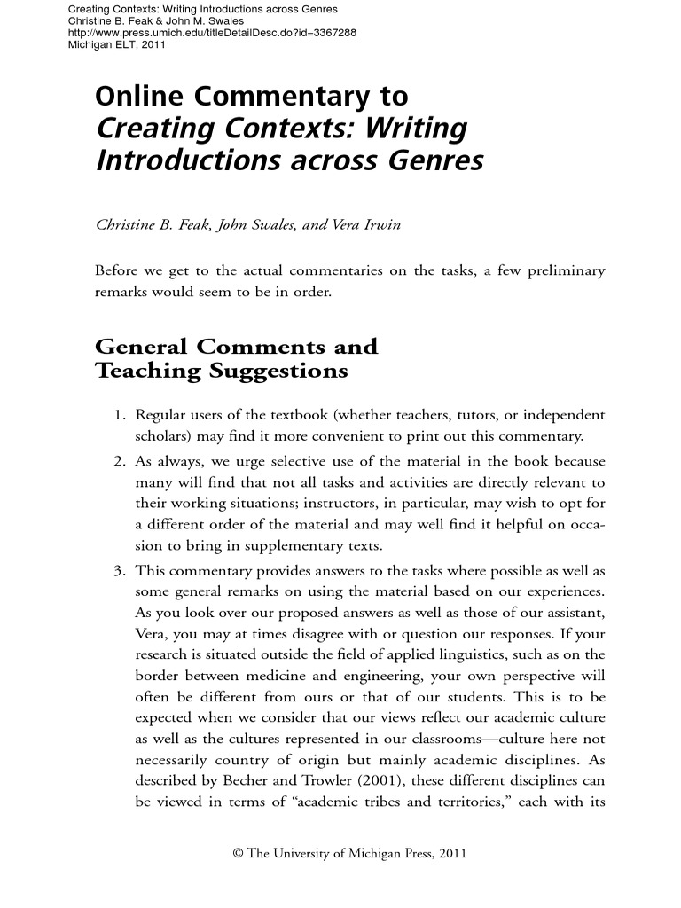 Creating Contexts: Writing Introductions Across Genres: Online ...