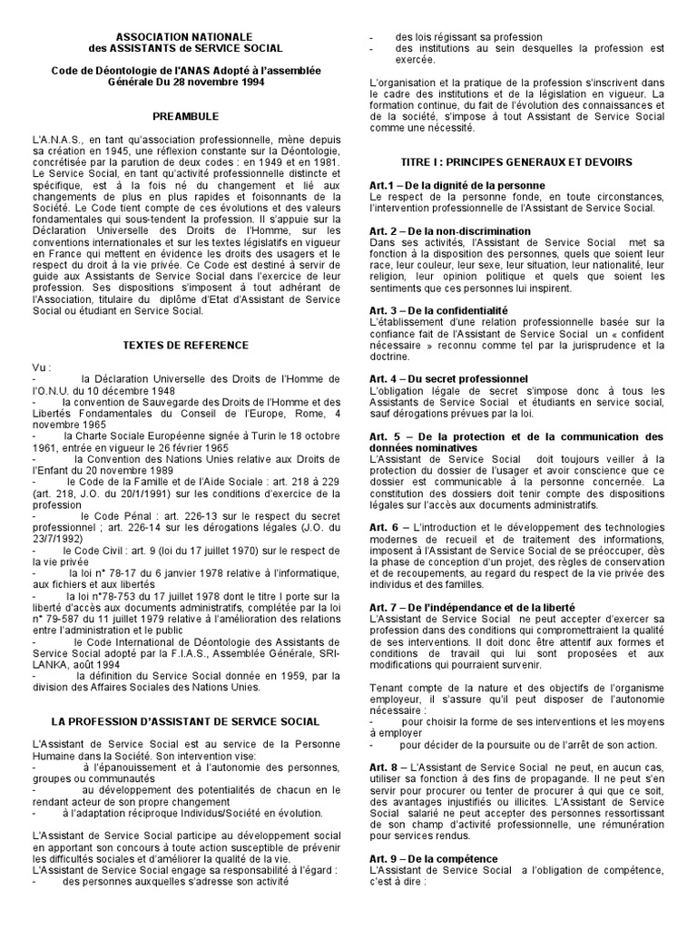 Le Code de Deontologie | PDF | Travail social | Convention européenne des droits de l'homme