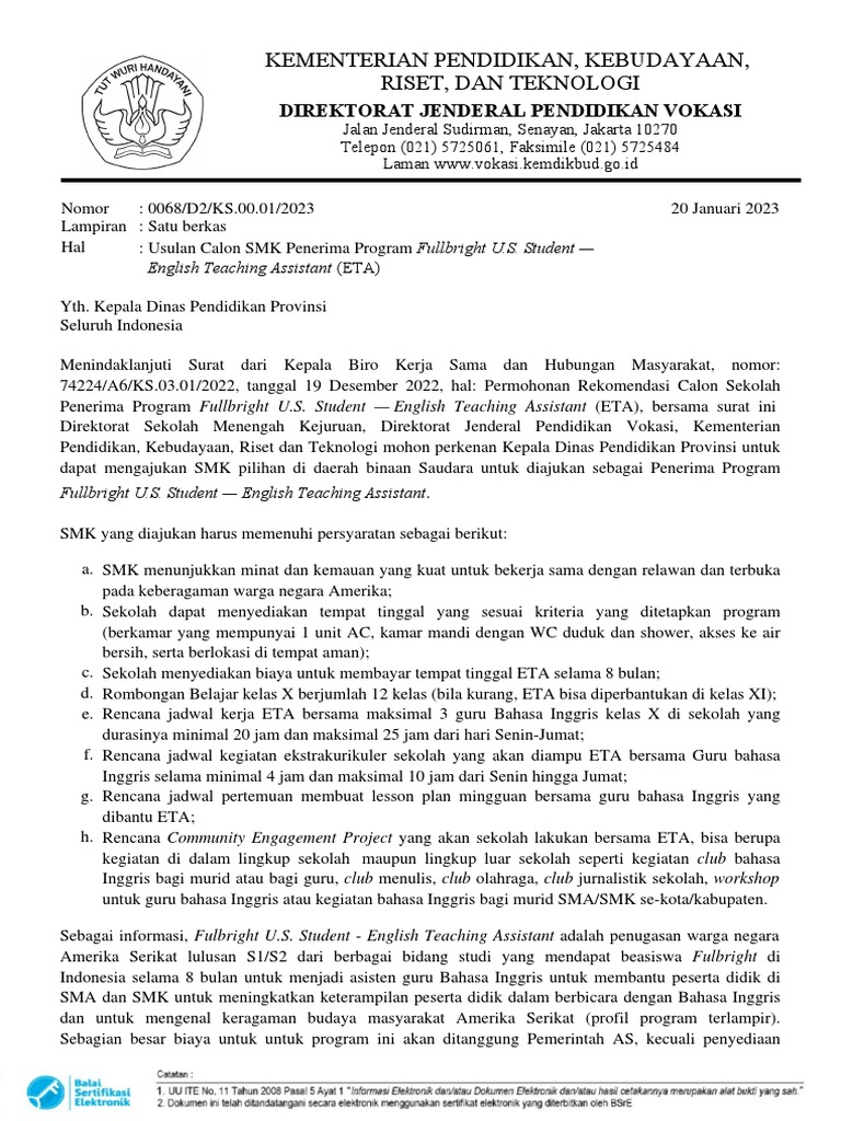 Surat Permohonan Usulan Calon SMK Penerima Program Fullbright U.S. Student ETA TTD | PDF