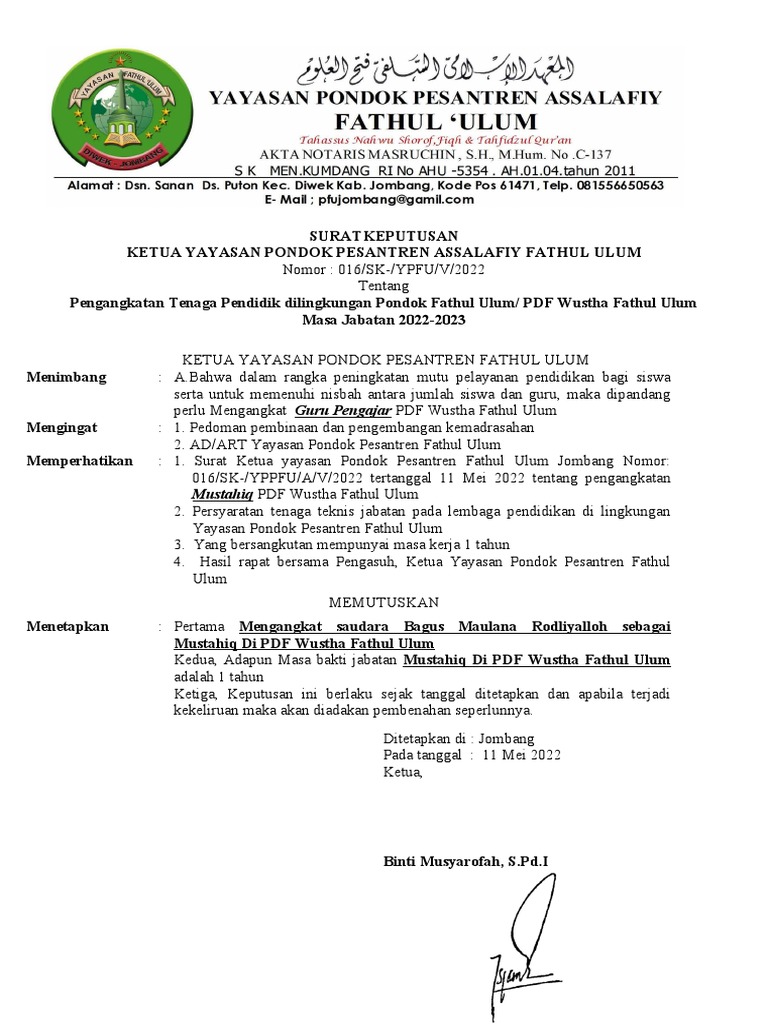 Pengangkatan Guru Baru Fathul Ulum | PDF