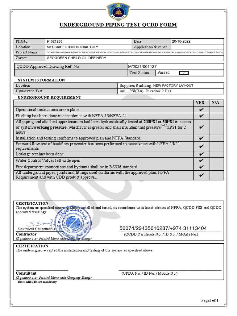 QCDD Underground Piping Test Certificate | PDF