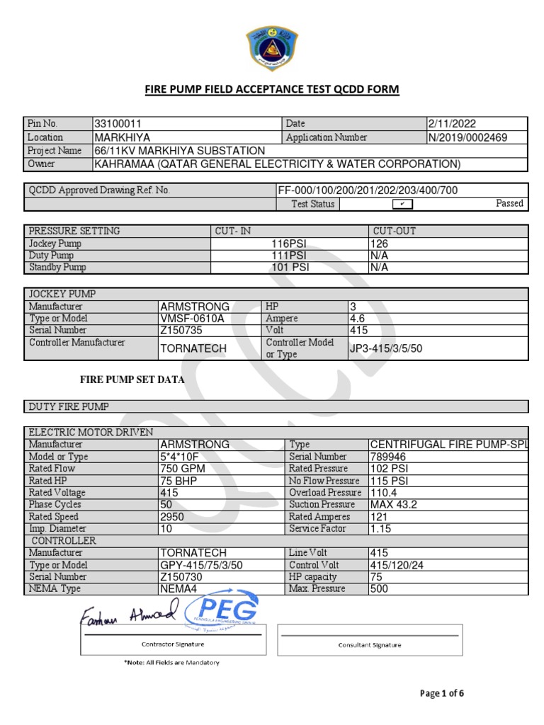 Fire Pump Acceptance Test QCDD Form | PDF | Pump | Horsepower
