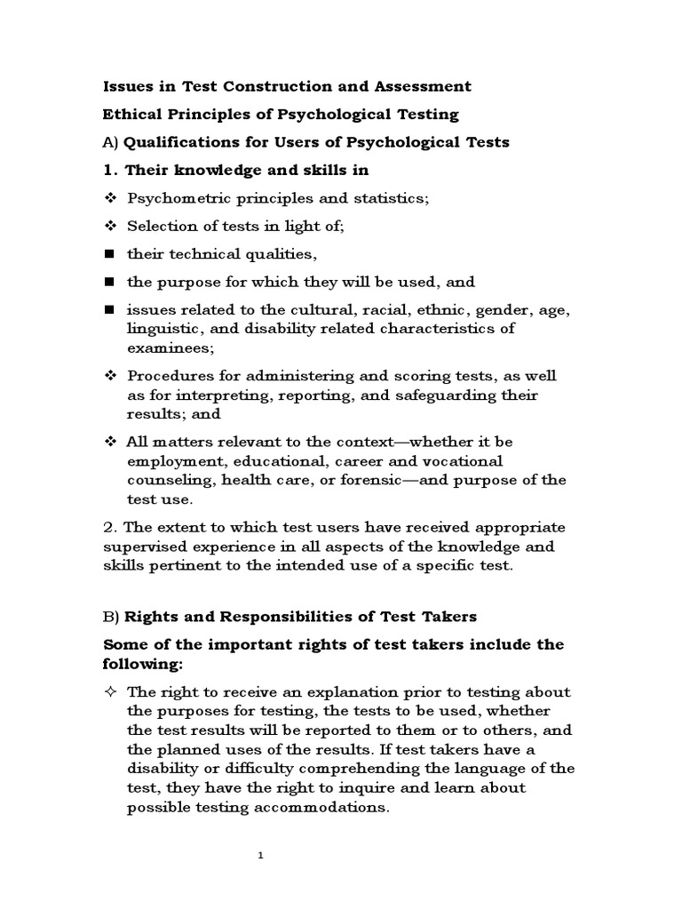Issues in Test Construction and Assessment Ethical Principles of ...