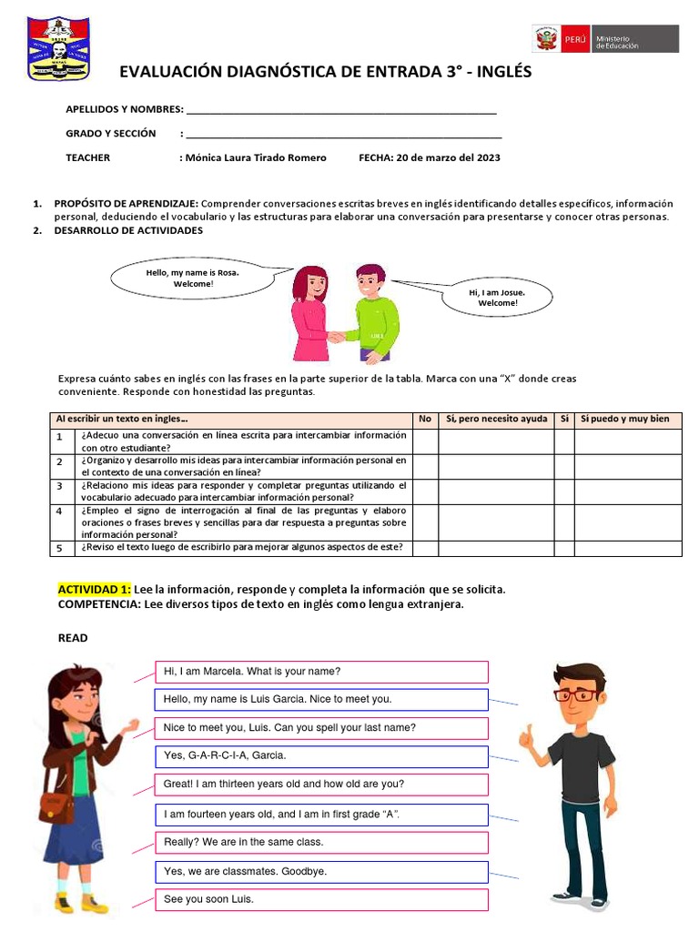 EvaluaciÓn DiagnÓstica 3°a Y B InglÉs Miss Mónica Pdf 8617