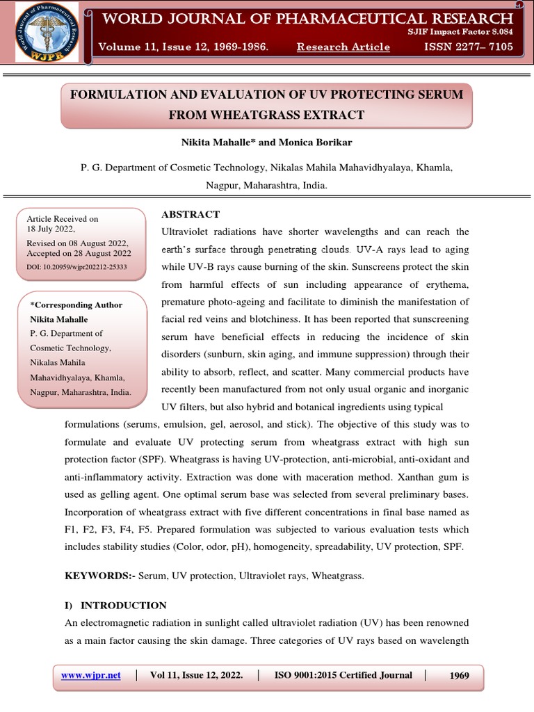 Formulation and Evaluation of Uv Protecting Serum | PDF | Ultraviolet | Sunscreen