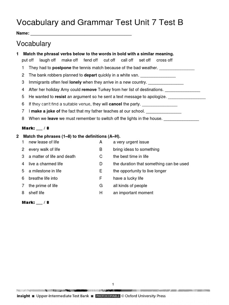 Vocabulary and Grammar Test Unit 7 Test B | PDF | Cognitive Science ...