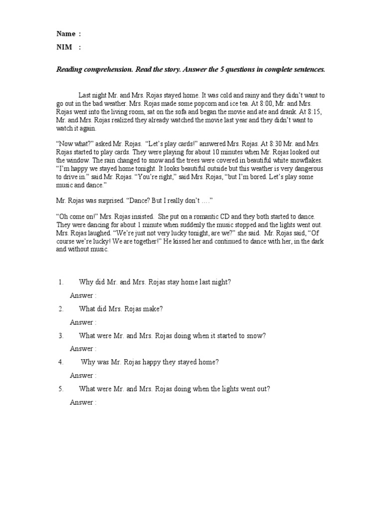 Reading Comprehension. Read The Story. Answer The 5 Questions in ...