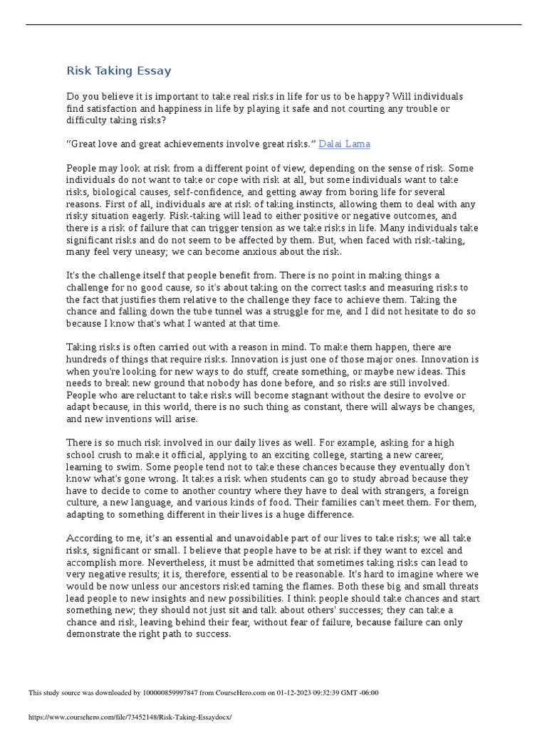 Risk Taking Essay | PDF | Risk | Cognitive Science