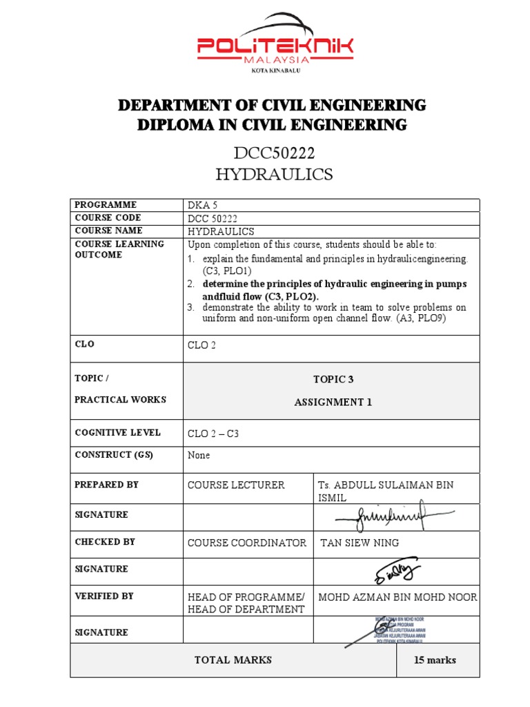 DCC50222 - Assignment 1SII22223-1 | PDF | Pump | Engineering