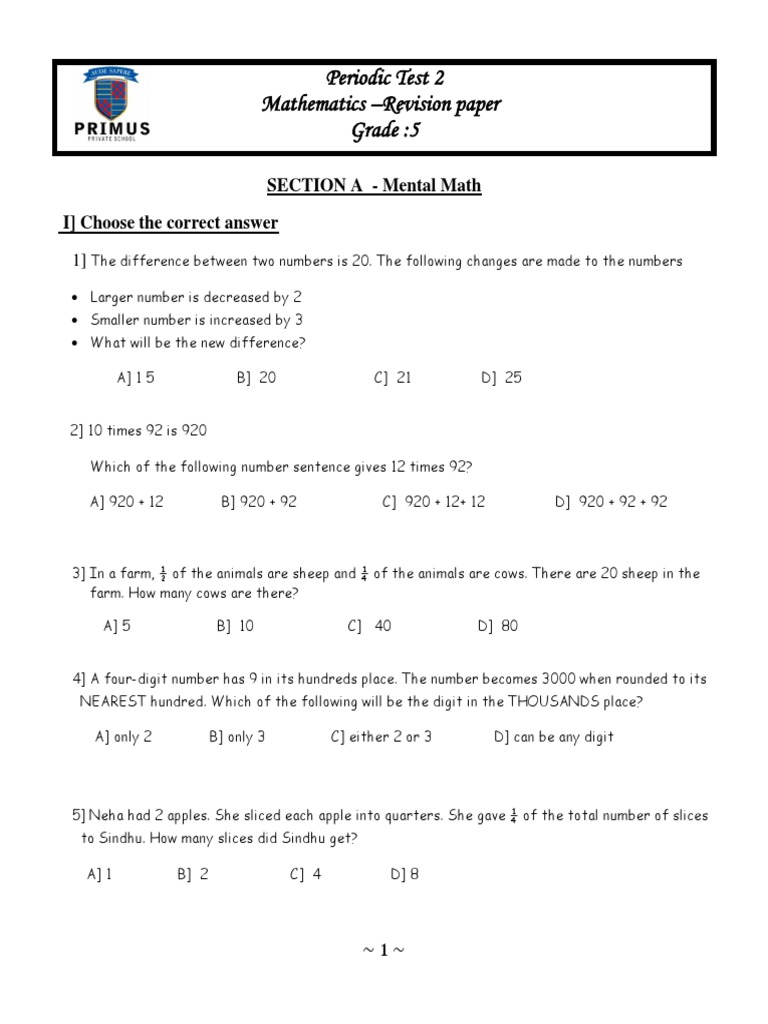 Periodic Test 2 Mathematics - Revision Paper Grade:5: I) Choose The ...