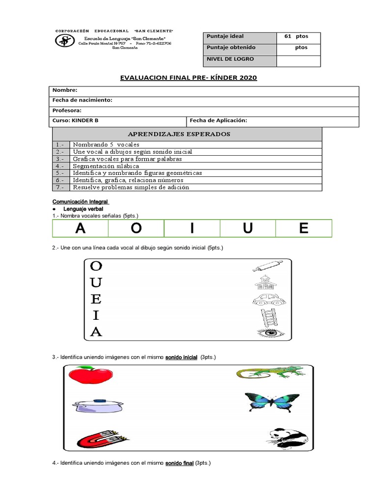 Prueba Final 2020 Pre-Kinder | PDF | Ciencia cognitiva | Cognición