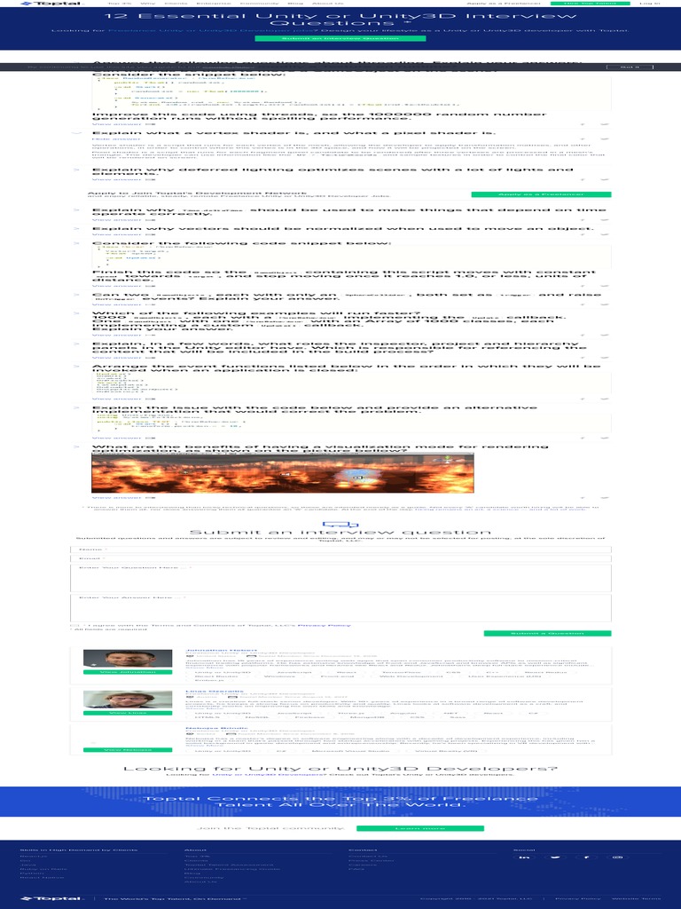 12 Essential Unity or Unity3D Interview Questions and Answers - Toptal® | PDF | Computer Science ...