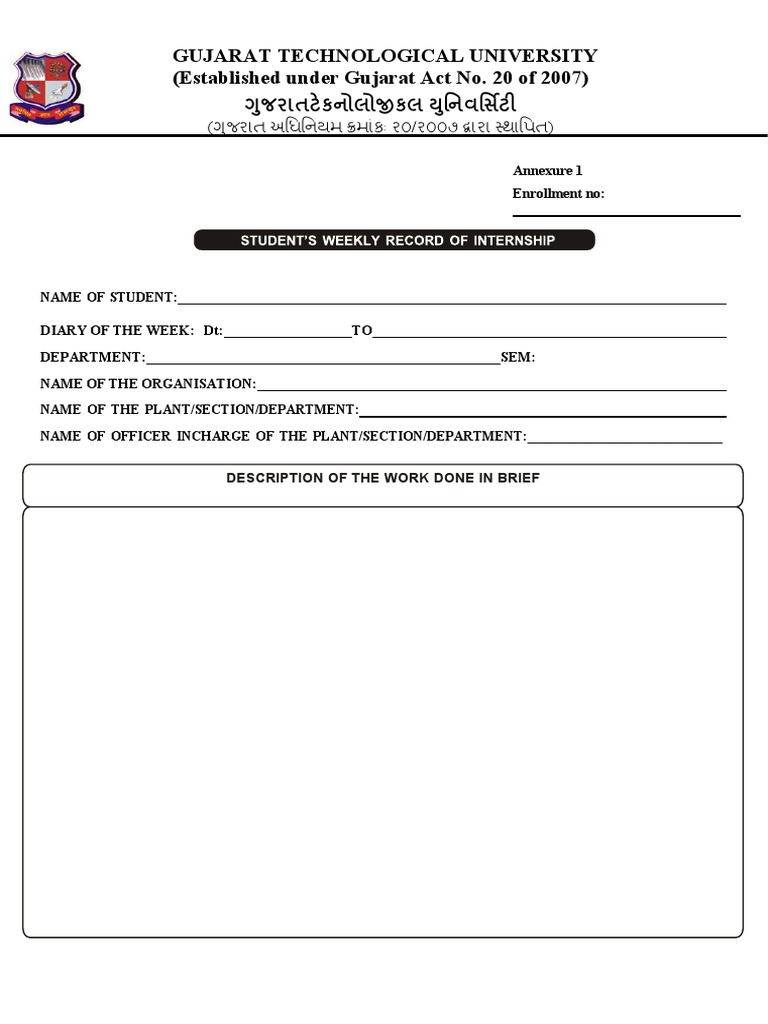Gujarat Tech University Weekly Diary Template | PDF | Finance & Money Management