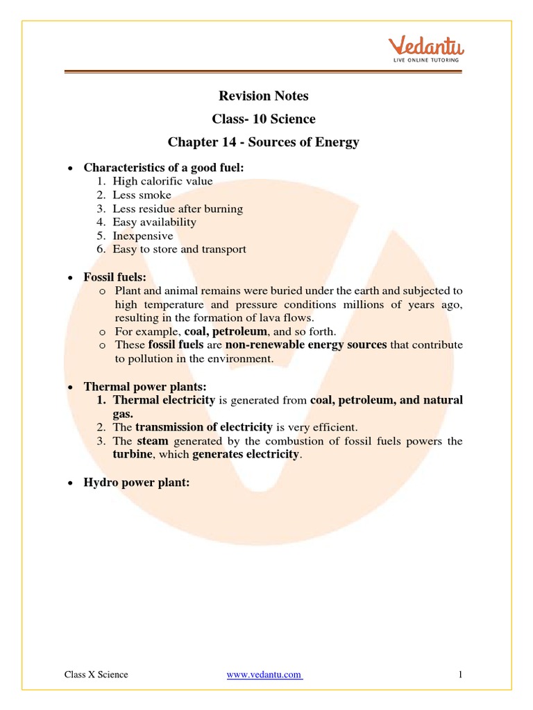 Class 10 Science Chapter 14 Revision Notes | PDF | Solar Energy | Biogas Class 10 Science Chapter 14 Revision Notes | PDF | Solar Energy | Biogas