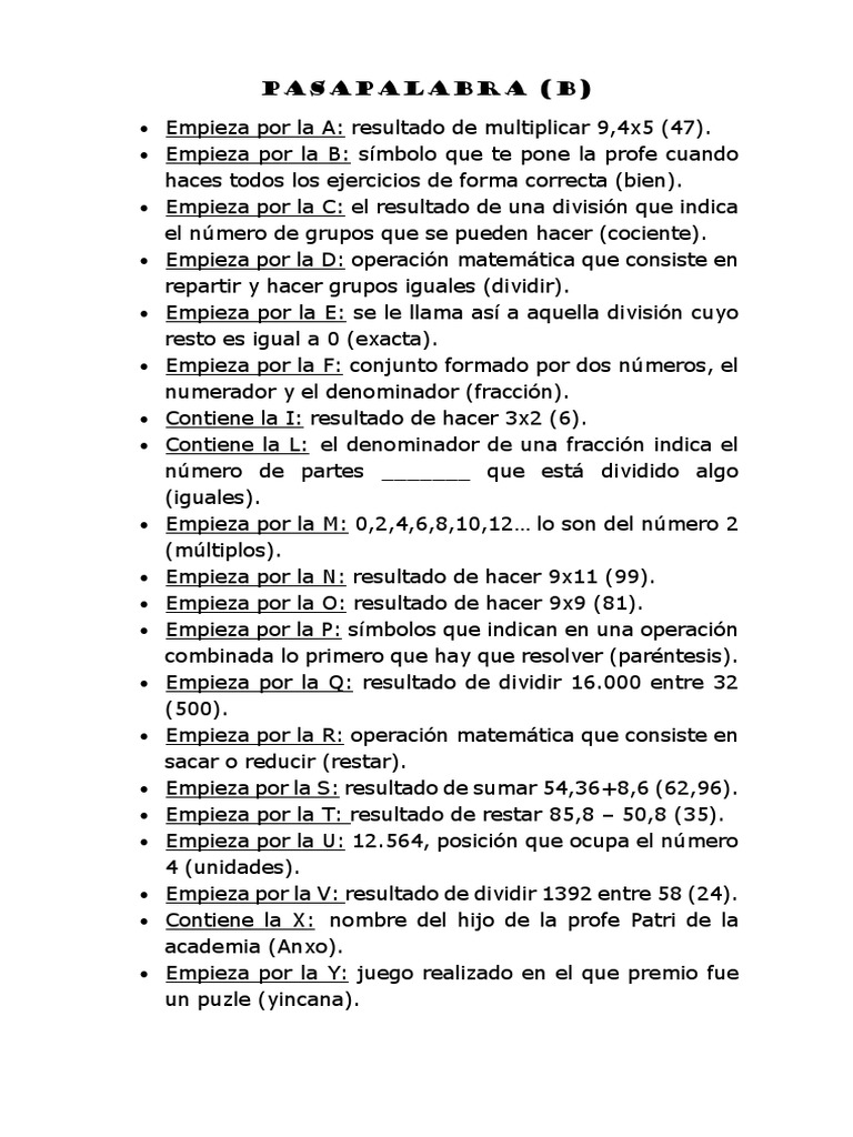 PASAPALABRA MATEMÁTICO. Nivel B | PDF