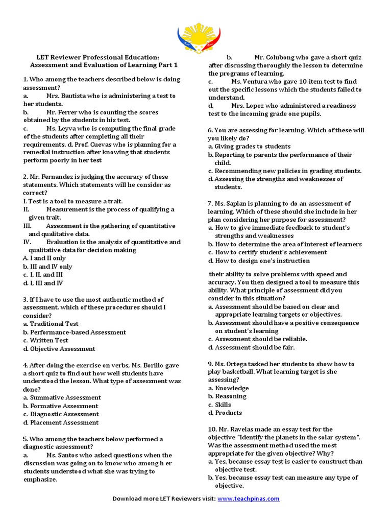 LET Reviewer: Assessment & Evaluation Guide | PDF | Educational ...