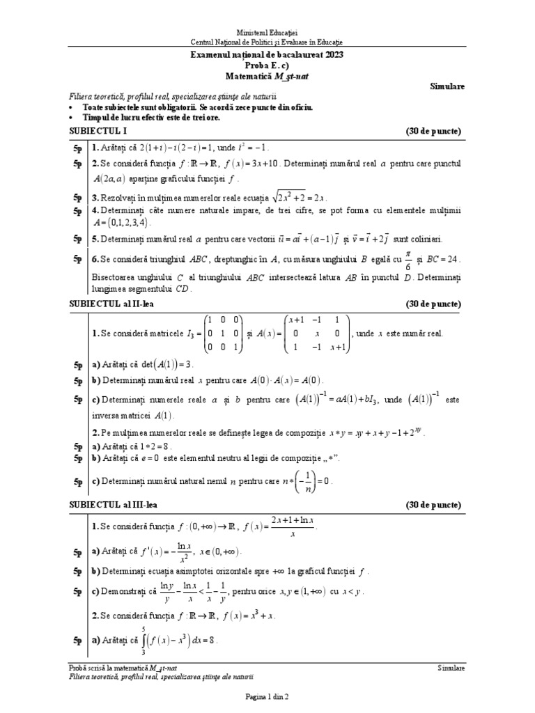 Subiect Matematică | PDF