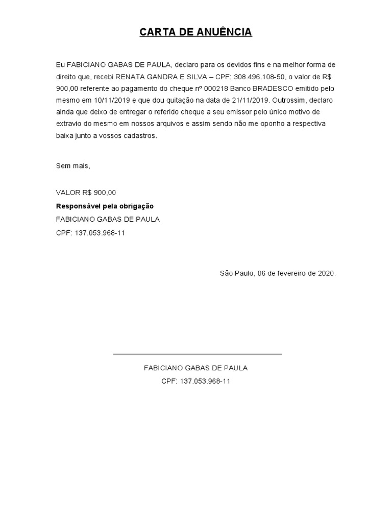Carta de anuência de recebimento de valor e extravio de cheque | PDF