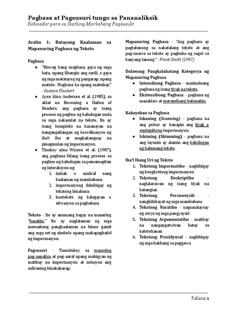 Pagbasa at Pagsusuri Tungo Sa Pananaliksik: Aralin 1: Batayang Kaalaman ...