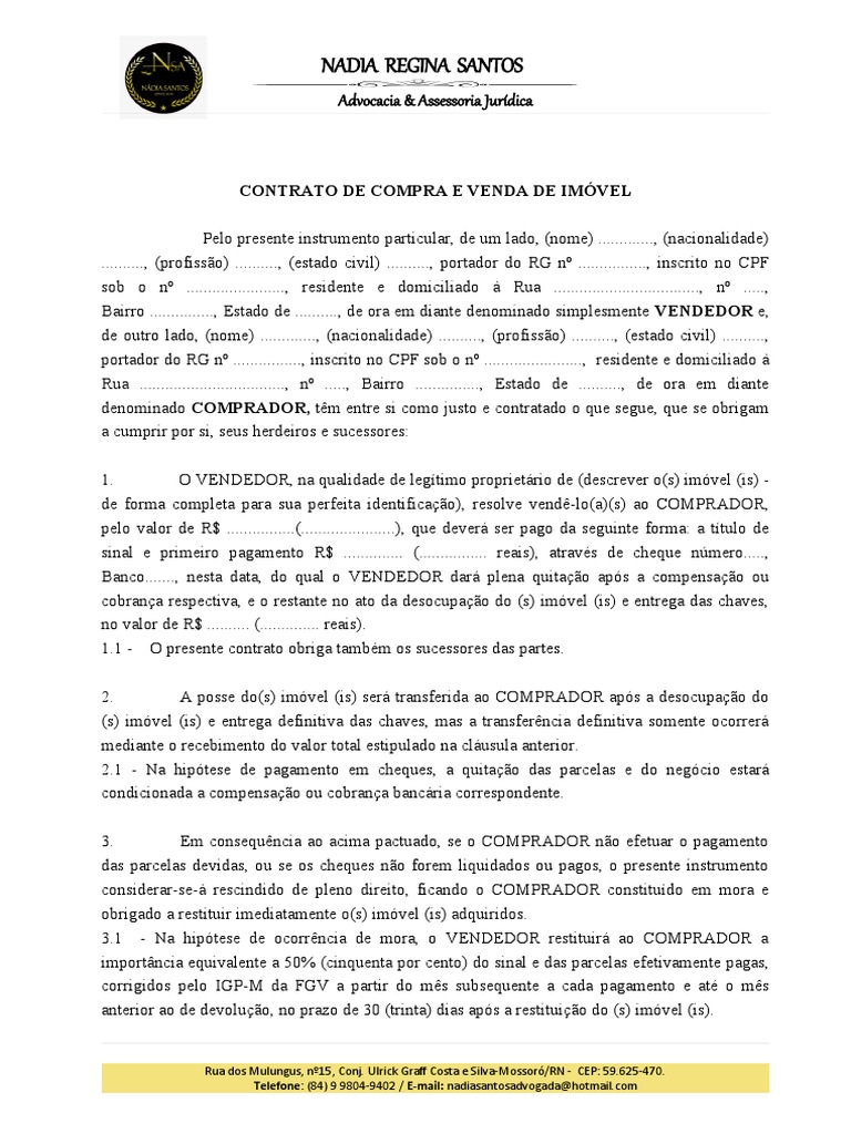 Contrato de Compra e Venda | PDF | Cheque (banco) | Direito Comum