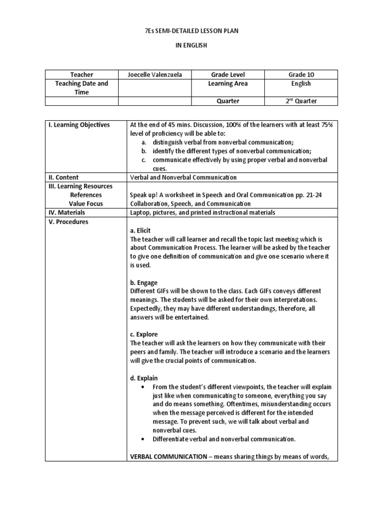 7es SEMI-DETAILED LESSON PLAN (DRAFT) | PDF | Nonverbal Communication | Communication