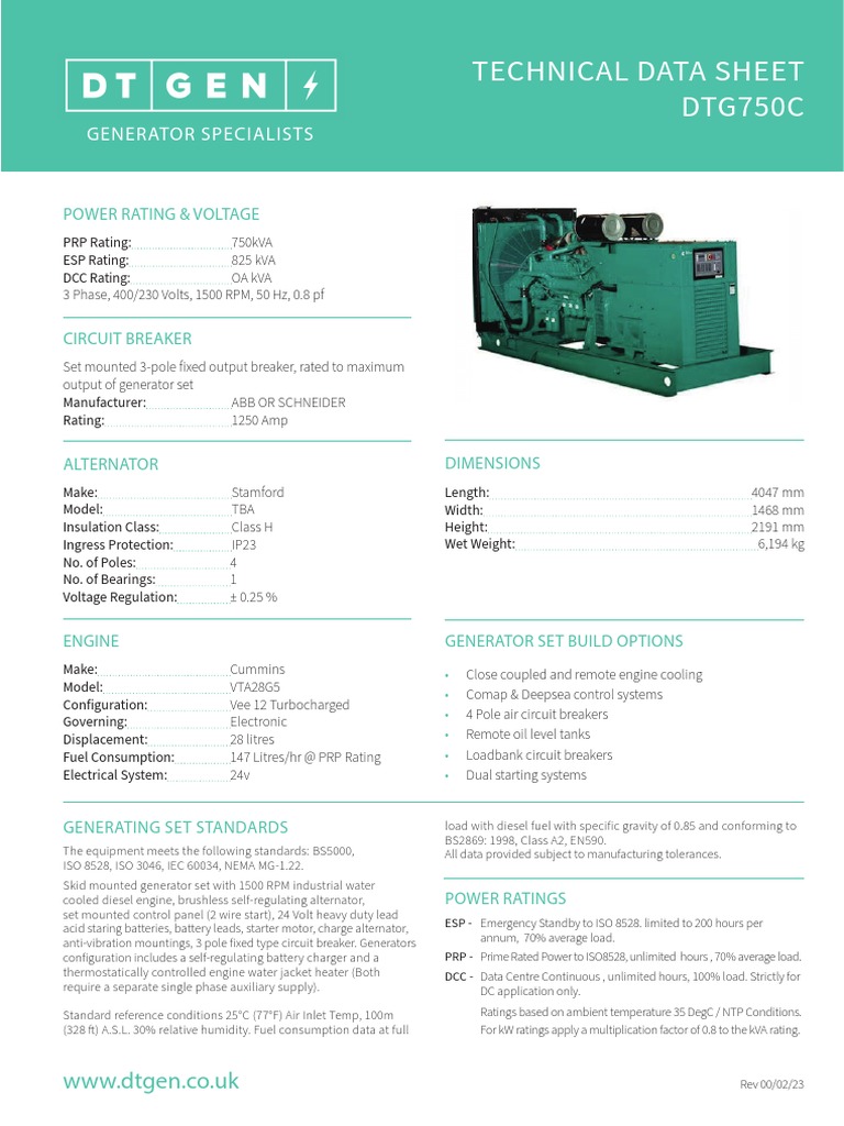 750kVA Generator Set Technical Data Sheet - DTG750C | PDF | Electric ...