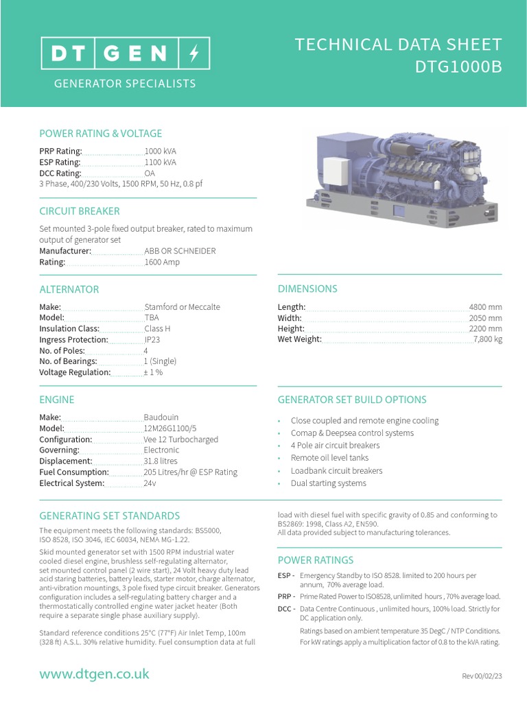 1000kVA Diesel Generator Specs | PDF | Electric Generator | Diesel Engine
