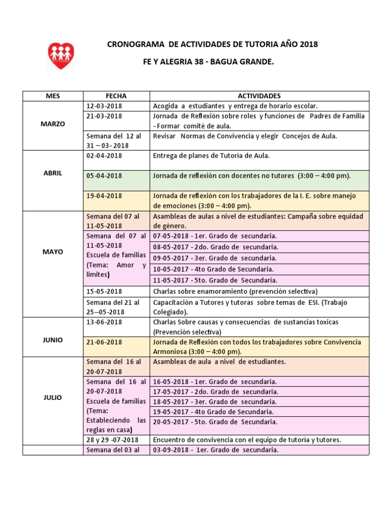 Cronograma de Actividades de Tutoria Año 2018 | PDF