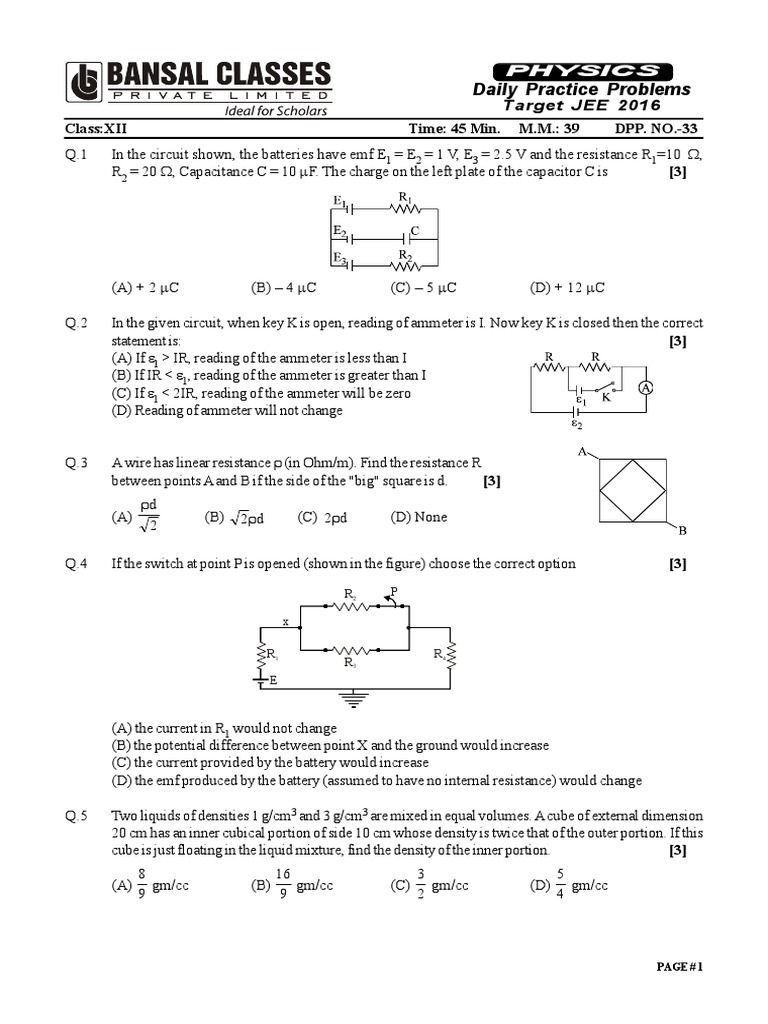 DPP (33-35) 12th Physics - E - WA | PDF | Density | Resistor