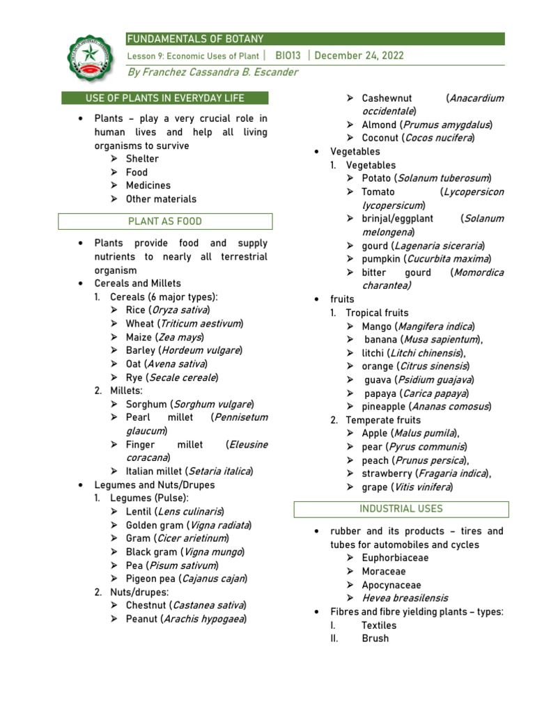 Economic Uses of Plant Notes | PDF