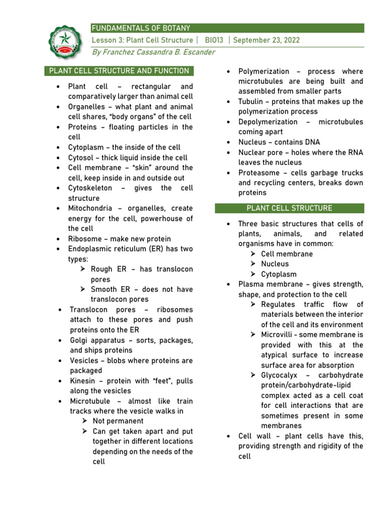Plant Cell Structure Lec Notes | PDF | Cell (Biology) | Cell Membrane