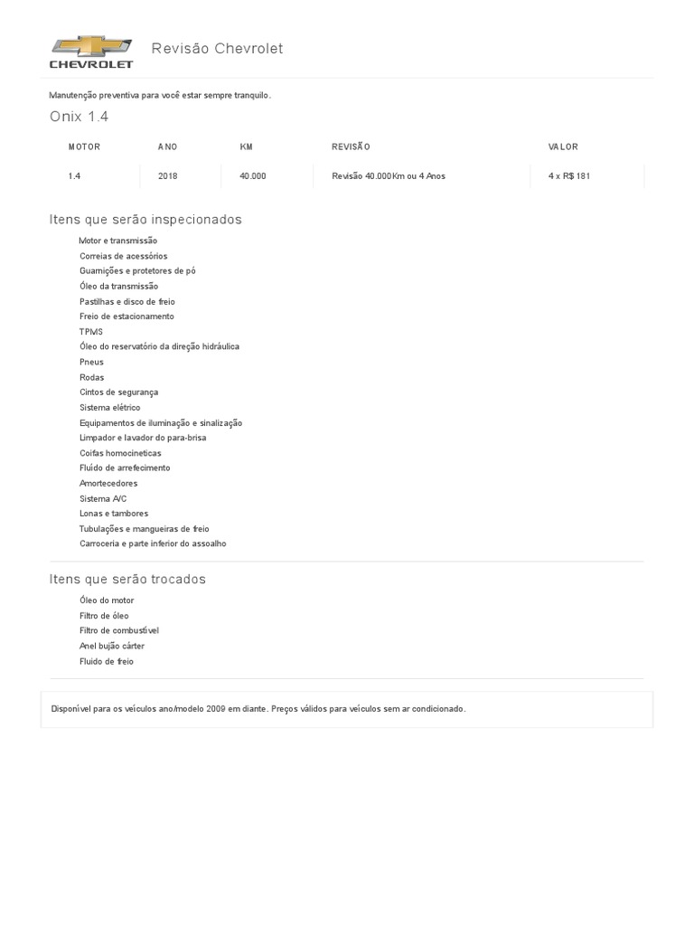 Revisao Onix 40000km | PDF