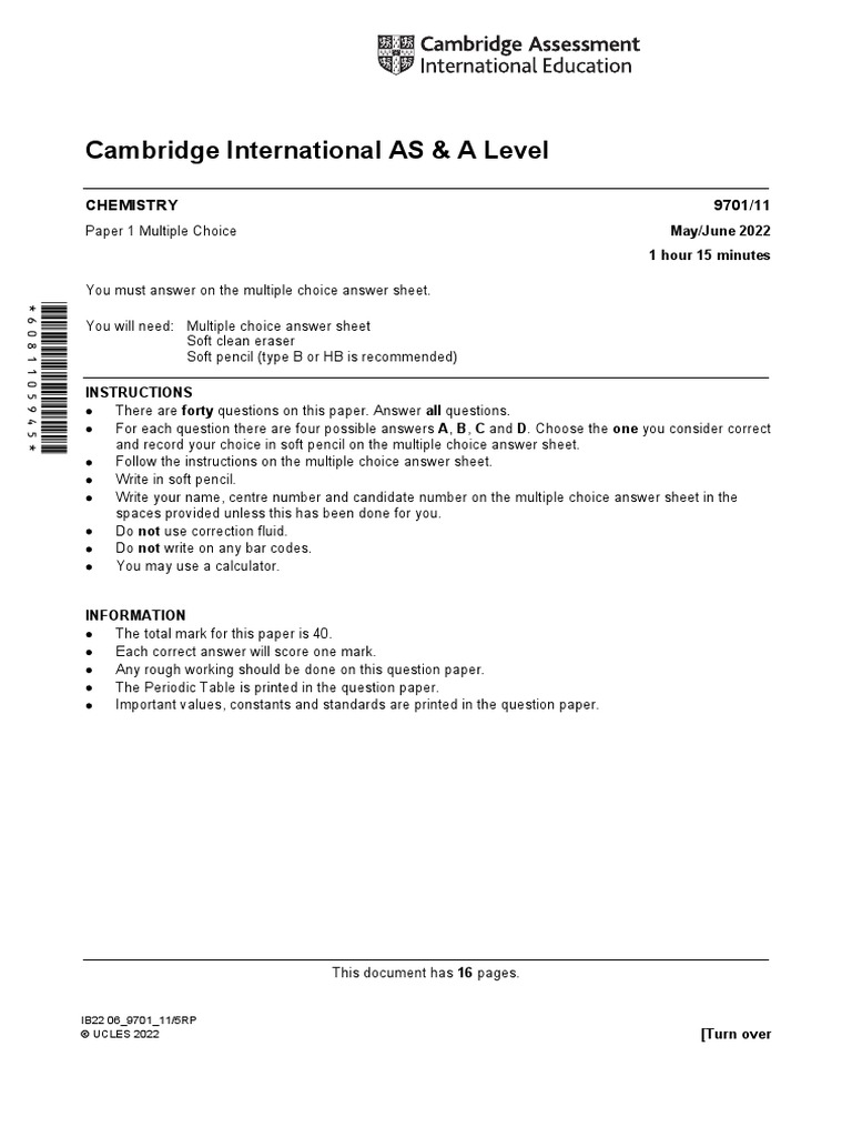 Cambridge International AS & A Level: Chemistry 9701/11 | PDF