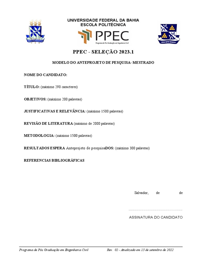 Modelo de Anteprojeto de Pesquisa - Mestrado | PDF Modelo de Anteprojeto de Pesquisa - Mestrado | PDF