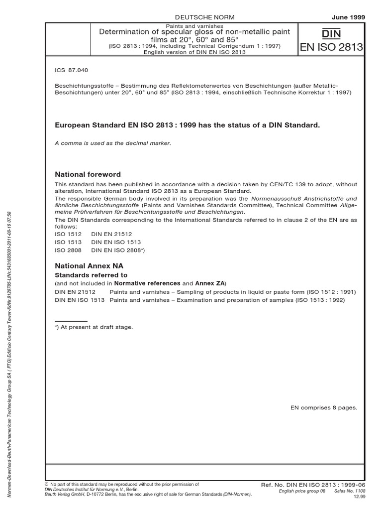 EN ISO 2813: Determination of Specular Gloss of Non-Metallic Paint Films at 20°, 60° and 85 ...