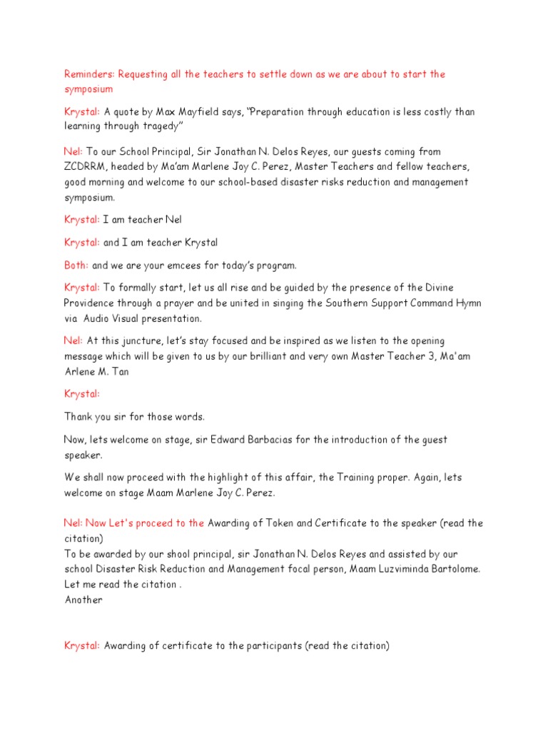 DRRM Emcee Script | PDF