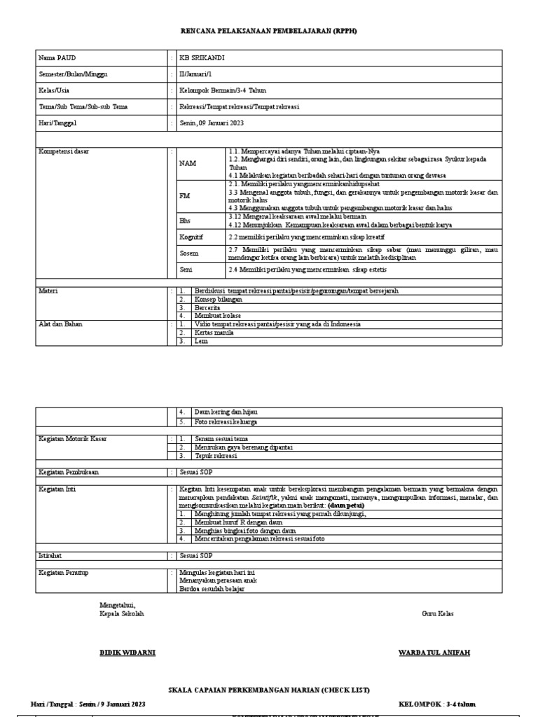 Rencana Pelaksanaan Pembelajaran (RPPH) | PDF