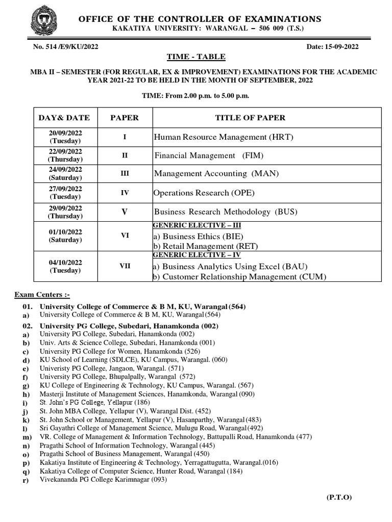 MBA II Semester Exam Schedule 2022 | PDF