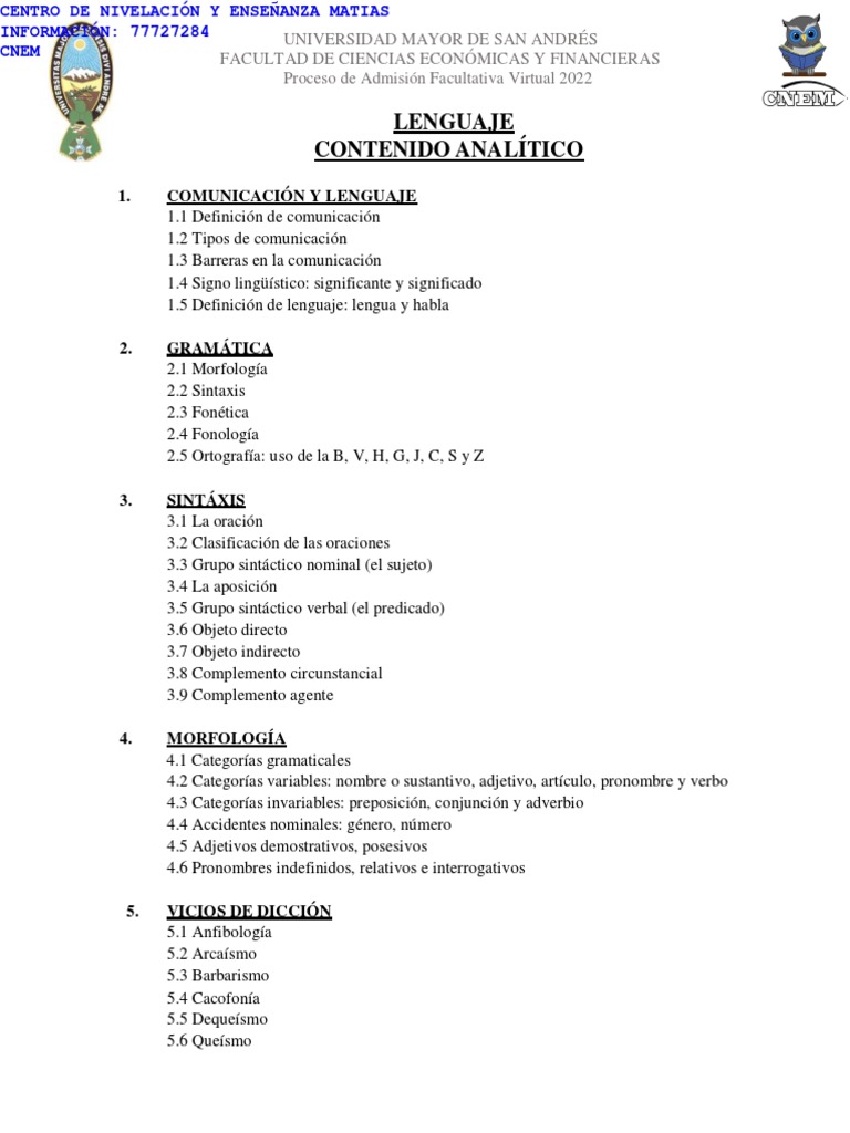 Lenguaje Contenido Analítico: 1. Comunicación Y Lenguaje | PDF ...