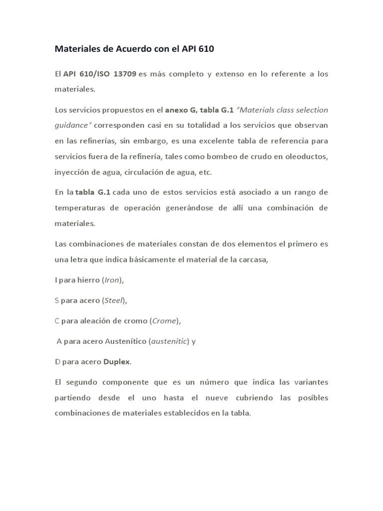 Materiales según API 610/ISO 13709 | PDF | Acero | Corrosión