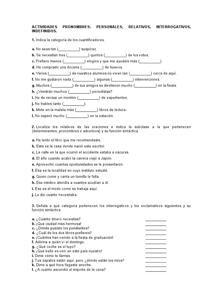 Actividades Pronombres Relativos, Interrogativos... | PDF | Sintaxis